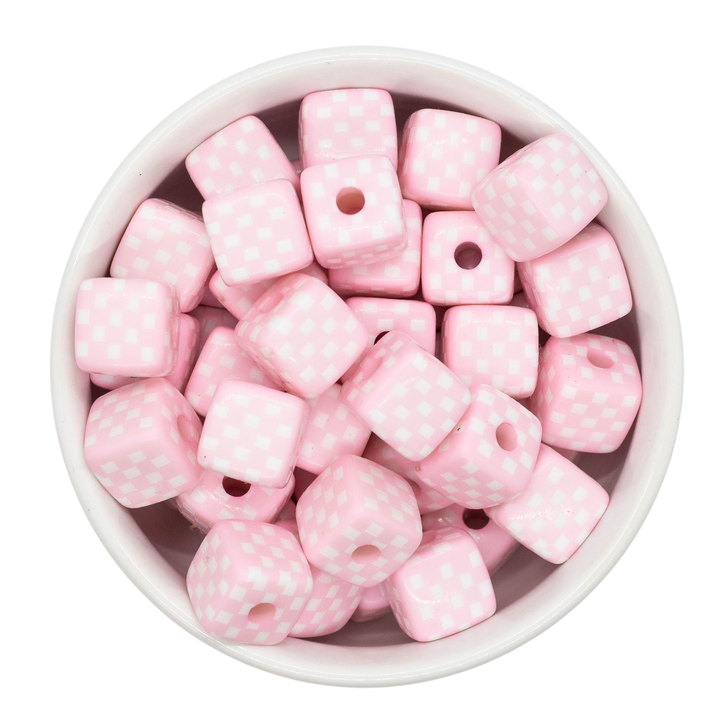 Powder Pink and White Check Square Beads 14mm Square, 16mm Diagonal (P